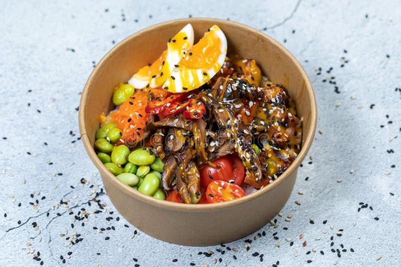 Poke Bowl with Moshroom, Rice, Agg and Vegetables Stock Photo - Image ...