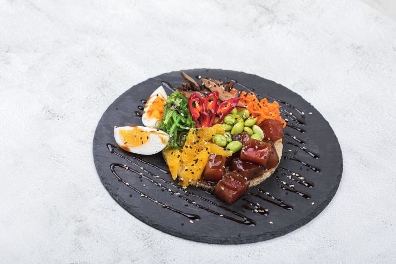 Poke Bowl with Moshroom, Rice, Agg and Vegetables Stock Photo - Image ...