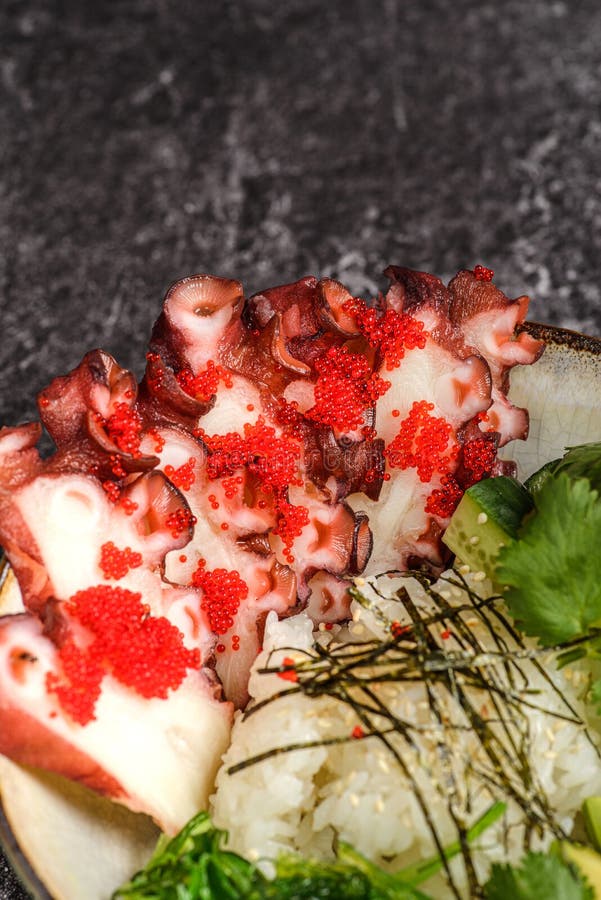 Poke Bowl with Octopus and Avocado Stock Photo - Image of healthy ...