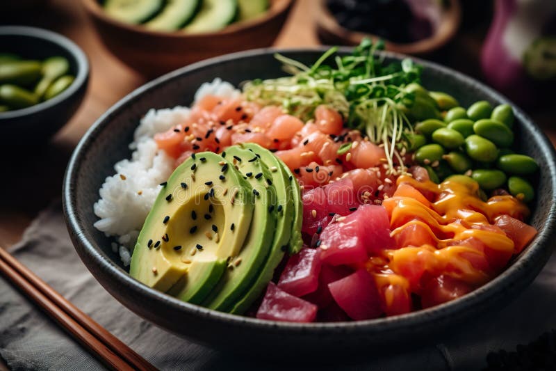 Poke Bowl with Salmon and Vegetables, Generative Ai. Stock Illustration ...
