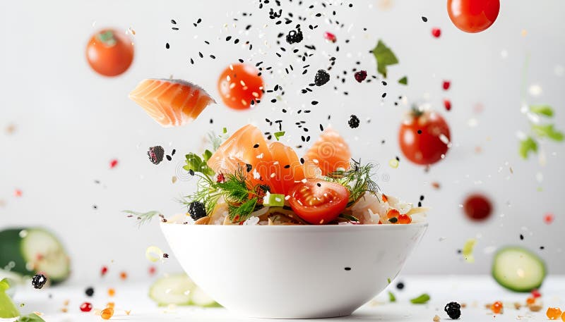 Poke Recipe. Different Ingredients Falling into Bowl on White Stock ...