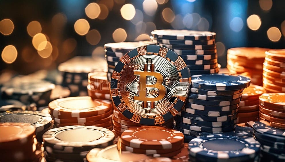 Poker chips with Bitcoin stock image. Image of gamble - 318609583