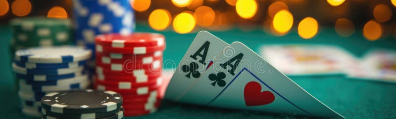 Poker Chips and Cards on a Table with Lights in the Background Stock ...