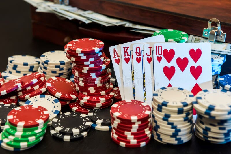 Poker Chips and Playing Card on Black Table Stock Photo - Image of ...