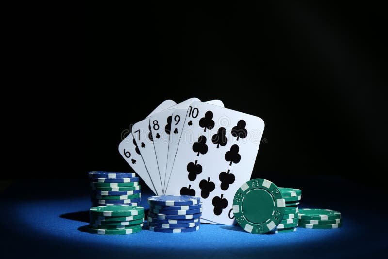 Poker Chips and Playing Cards on Blue Table Stock Image - Image of ...