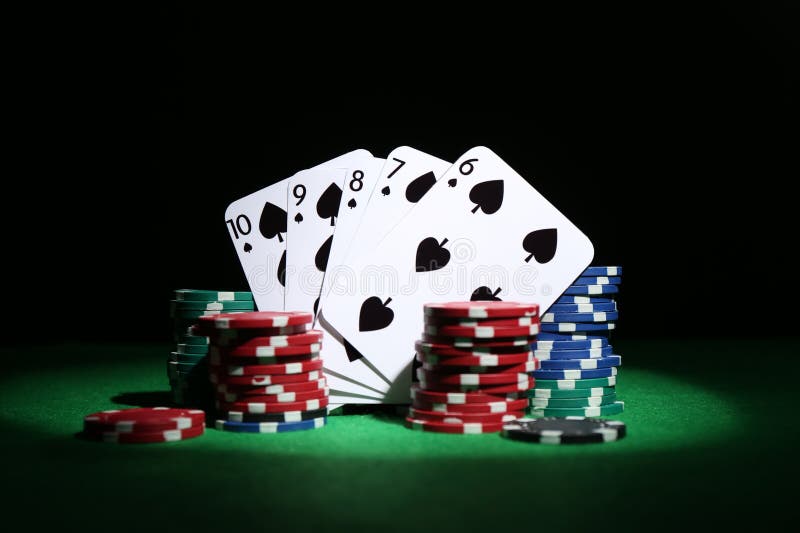 Poker Chips and Playing Cards on Green Table Stock Photo - Image of ...