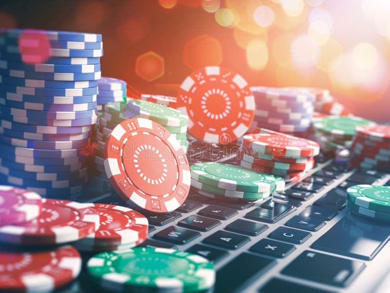 Poker Chips Stack on Laptop Keyboard, a Mix of Games and Computer ...