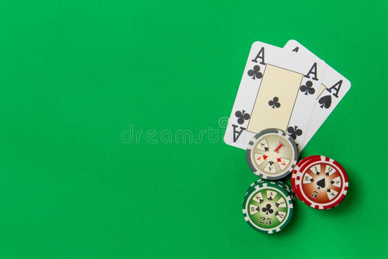 Poker Chips Stack and Playing Cards - Two Aces on Green Table Stock ...