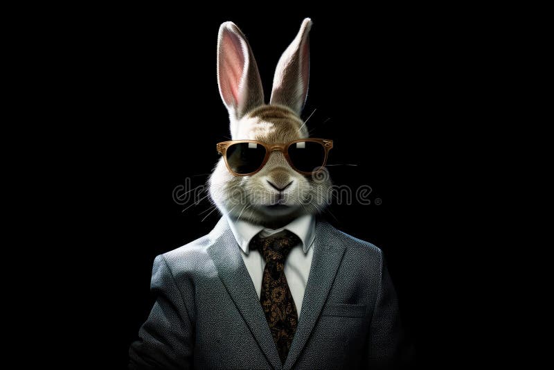Poker Face Rabbit in Suit and Sunglasses on Black Background ...