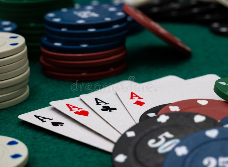 Poker Game Table, Four Aces with Stack of Playing Chips Stock Image ...