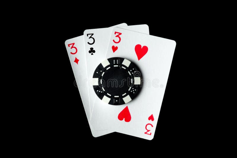 Poker Game with Three of a Kind or Set Combination. Chips and Cards on ...