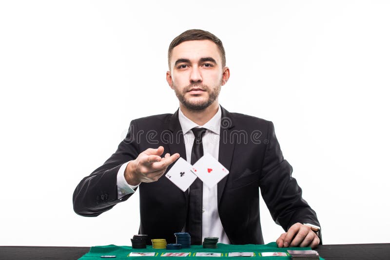 Poker Player in Suit Throwing Two Ace Cards. Stock Image - Image of ...