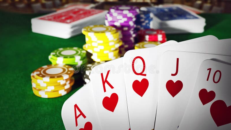Poker Royal Flush Hand and Casino Hands Standing on Poker Table. 3D ...