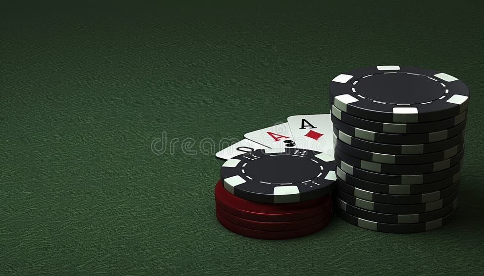 Poker Table Scene Two Aces and Chip Stack Strategically Arranged on ...