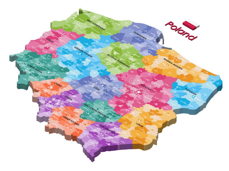 Poland Administrative Divisions Isometric Map Colored by Voivodeships ...