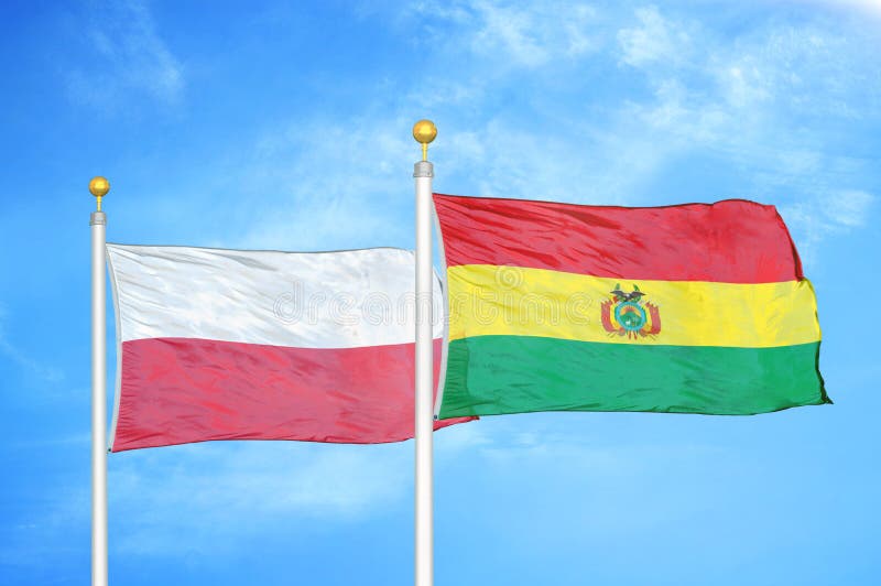 Poland and Bolivia Two Flags on Flagpoles and Blue Cloudy Sky Stock ...