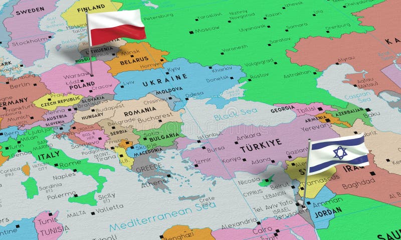 Poland and Israel - Pin Flags on Political Map Stock Illustration ...