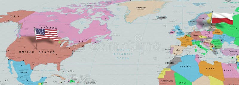 Poland and USA - Pin Flags on Political Map Stock Illustration ...