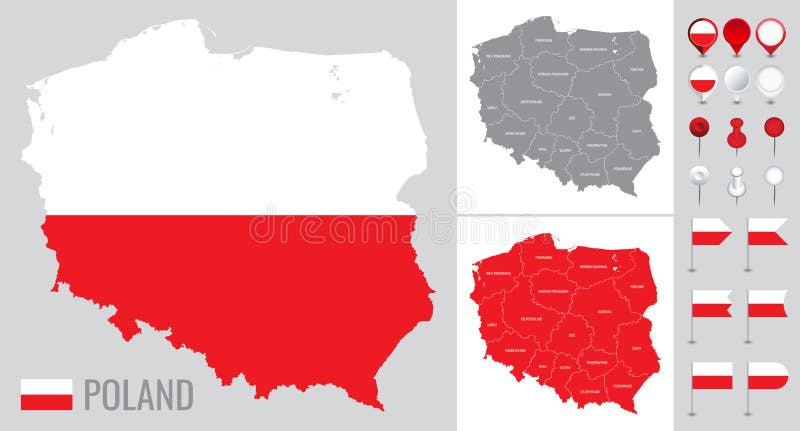 Poland Vector Map with Flag, Globe and Icons on White Background Stock ...