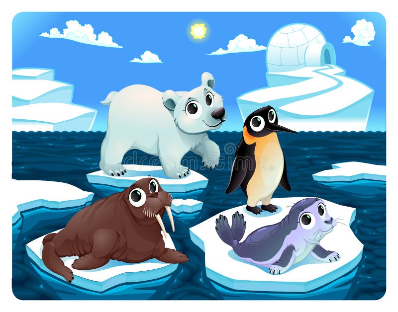 Polar animals on the ice stock vector. Illustration of walrus - 55411195