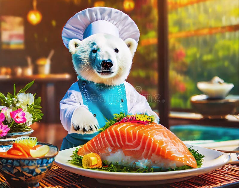 Polar Bear Chef Serving a Large Salmon Sushi Dish on the Table Stock ...