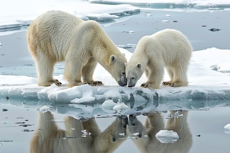Polar Bear and Cub on Ice, Touching Noses in a Serene Arctic Landscape ...