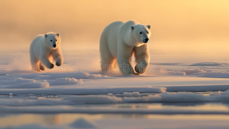 Polar Bear with Cub Running on Ice. Generative Ai Stock Illustration ...