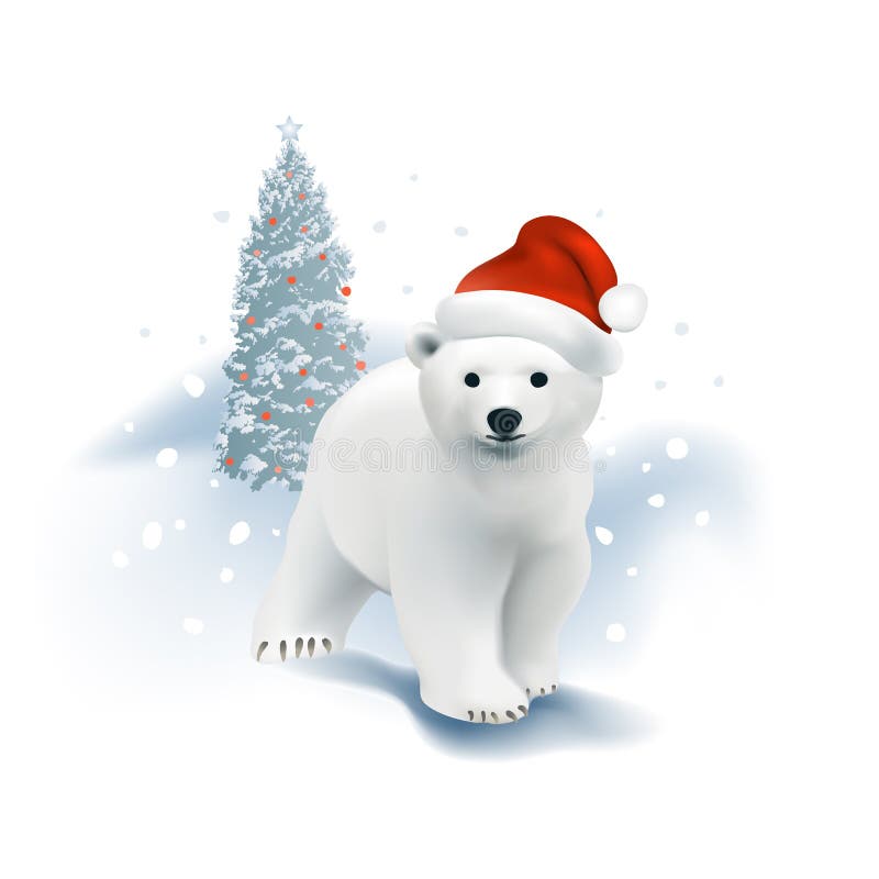 Polar Bear Cub With Santa Hat And Christmas Tree Stock Vector Image