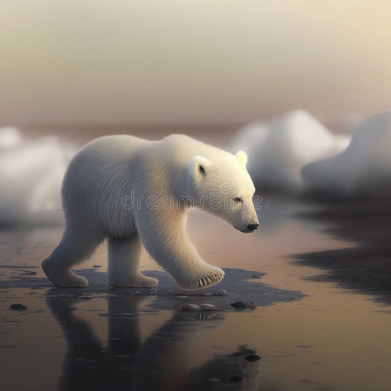 A Polar Bear Cub Walking Along the Shoreline of an Icy Lake Stock ...