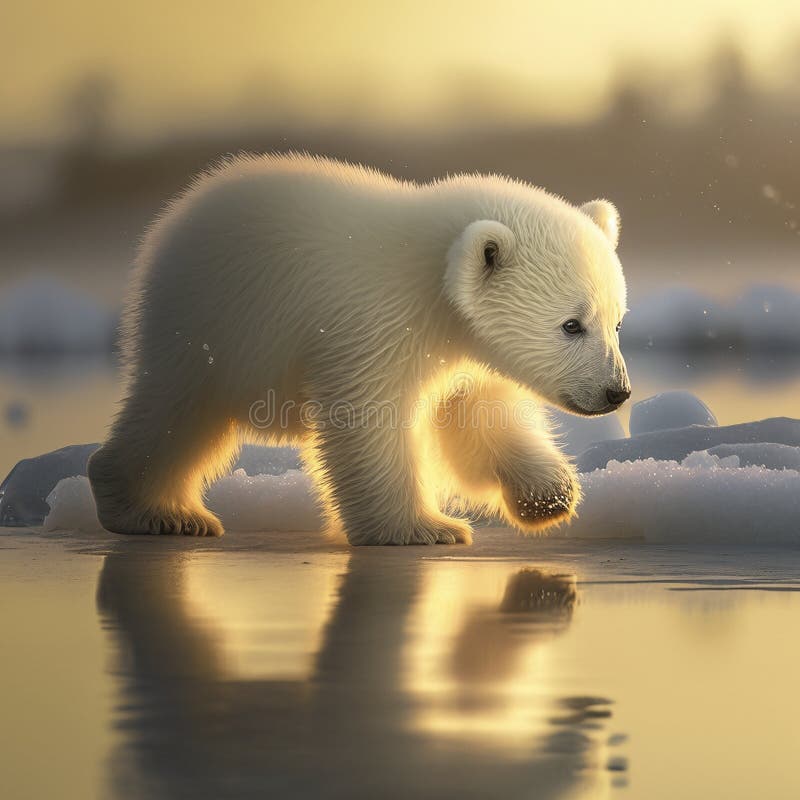 A Polar Bear Cub Walking Along the Shoreline of an Icy Lake Stock ...