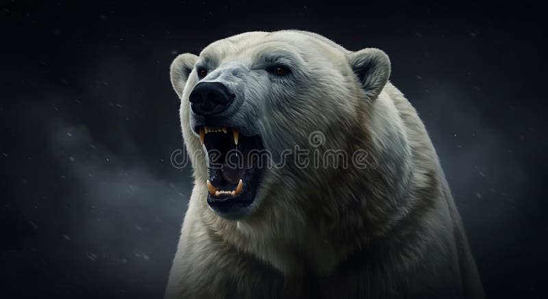 Polar Bear in a Dynamic and Powerful Pose, Mouth Open Displaying Sharp ...