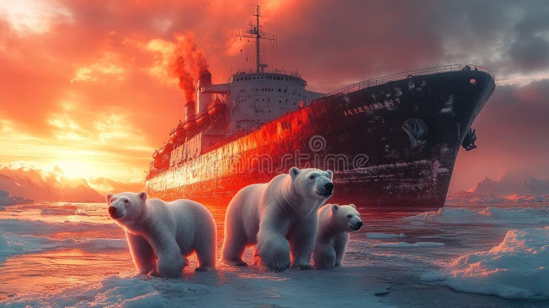 Polar Bear Family Walking on Ice Floe with Ship in Background Stock ...