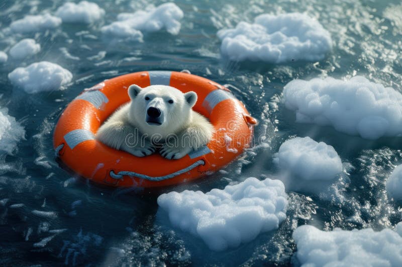 Polar Bear Floating on Lifebuoy Surrounded by Melting Snow, Concept for ...