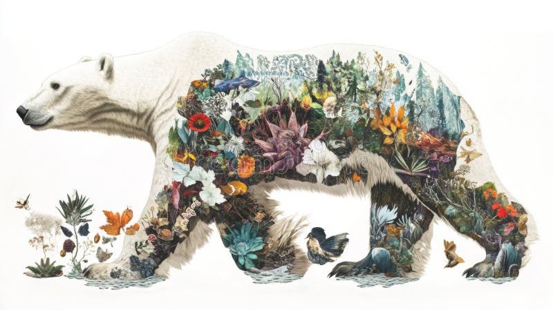 Polar Bear with Floral Ecosystem Collage Stock Illustration ...