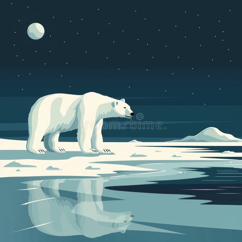 Polar Bear on Iceberg with Starry Night Sky Reflection Stock Illustration - Illustration of ...