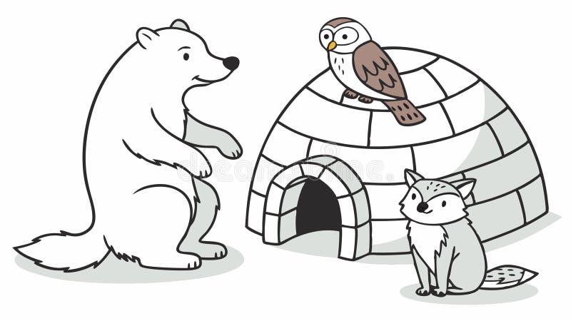 Polar Bear, Igloo, Owl, Arctic Fox, Together in Snowy Arctic, Vector ...