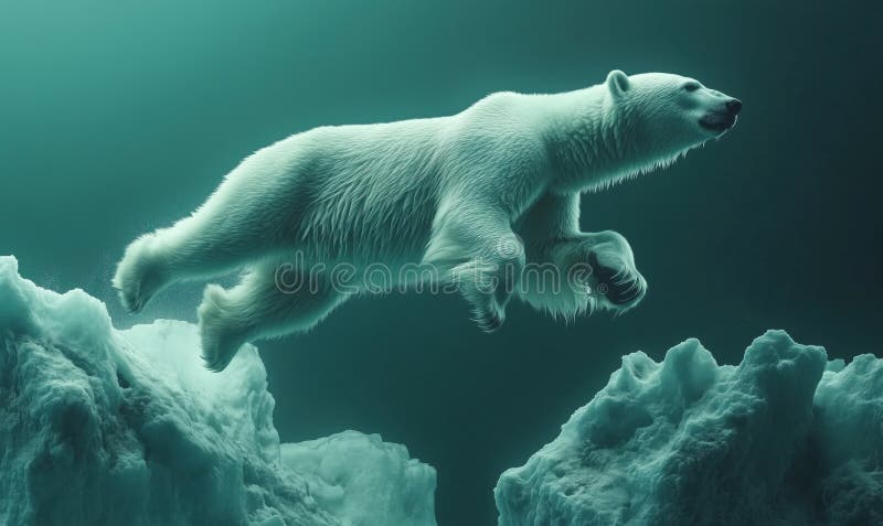 Polar Bear Leaping Gracefully Over Icebergs in Serene Arctic Waters ...