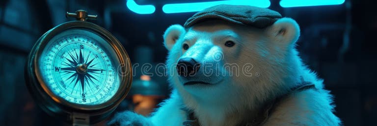 A Polar Bear Looking Intently at a Compass, with a Determined ...
