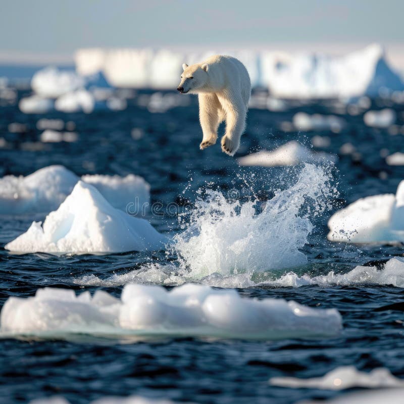 Polar Bear Leaps from Ice Floe into Frigid Arctic Waters during a Sunny ...