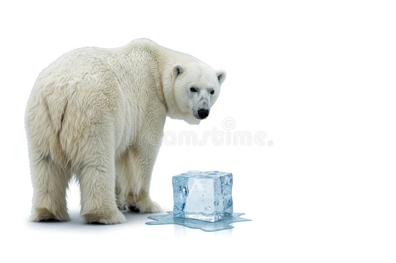 A Polar Bear at a Melting Ice Cube. Space for Text. Stock Photo - Image ...