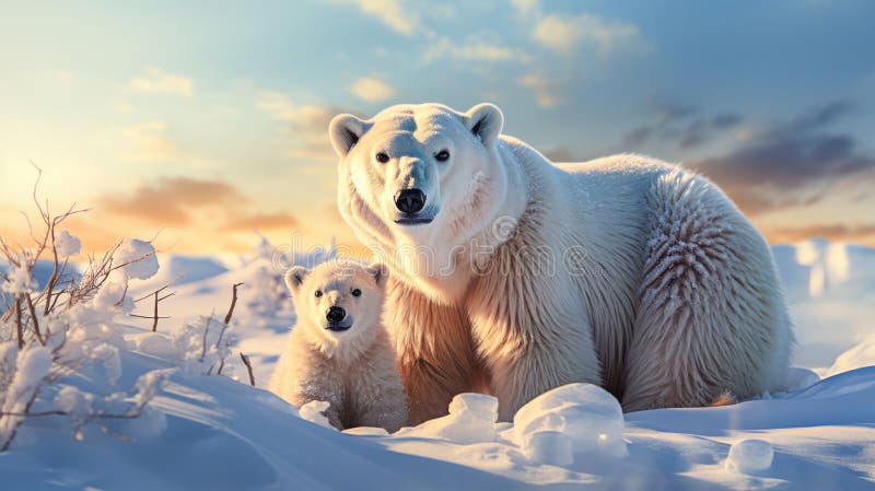 A Polar Bear Mom and Cubs Walk through the Arctic Tundra Stock ...