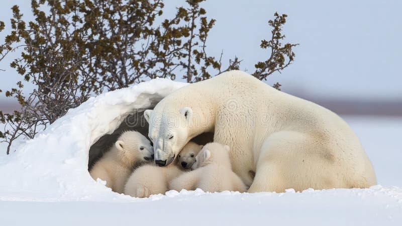 A Polar Bear Mother Tenderly Nuzzles Her Two Cubs Inside a Snow Den ...