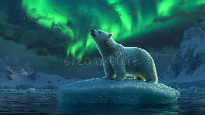 The Polar Bear is Outlined by the Glowing Aurora Borealis. Stock Image ...