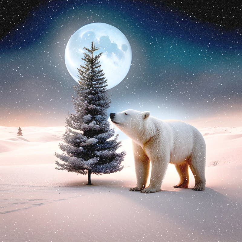Polar Bear with Pine Tree and Full Moon Stock Illustration ...