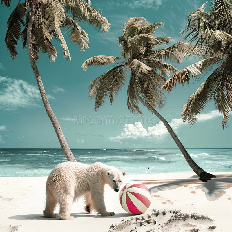 Polar Bear Playing with Beach Ball on Tropical Beach Stock Illustration ...