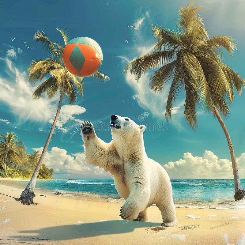 Polar Bear Playing Beach Ball on Tropical Beach Stock Illustration ...