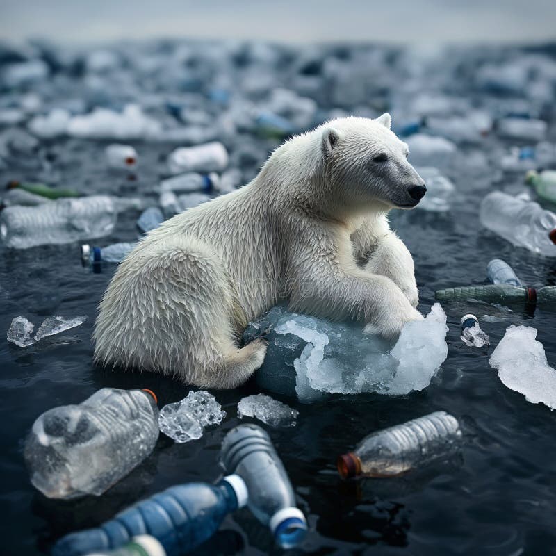 Polar Bear Rests on Shrinking Ice Surrounded by Plastic Pollution Stock ...