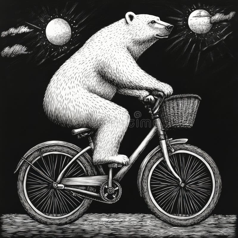 A Polar Bear Riding a Bicycle with a Basket, Its Bulky Frame Comically ...