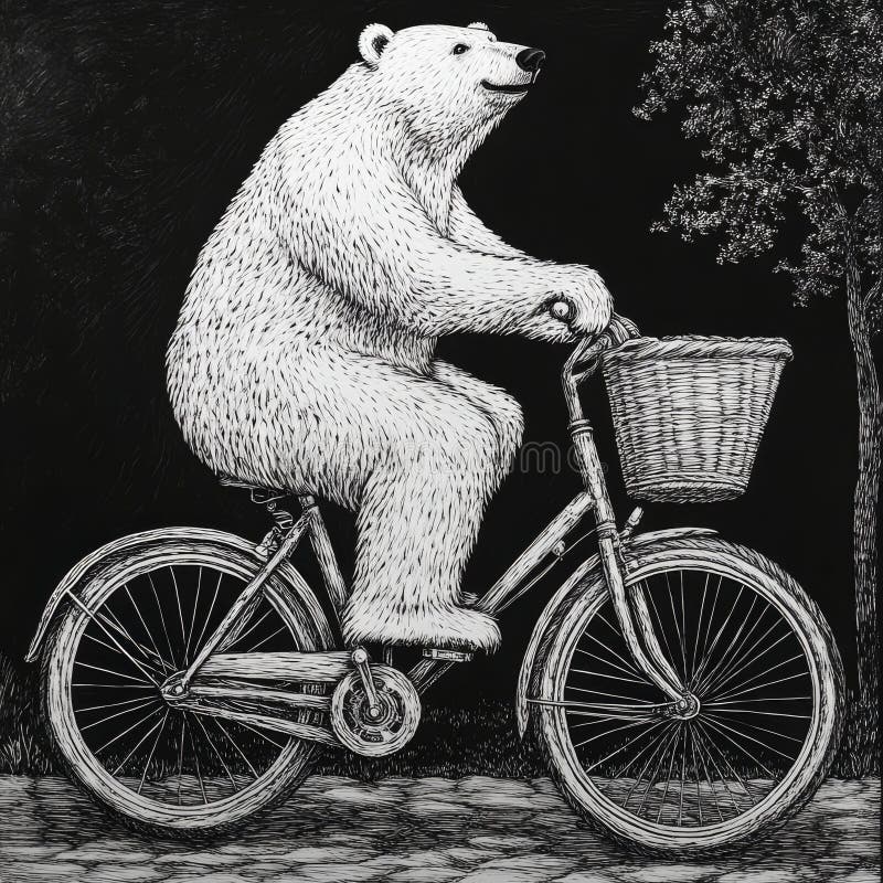 A Polar Bear Riding a Bicycle with a Basket, Its Bulky Frame Comically ...