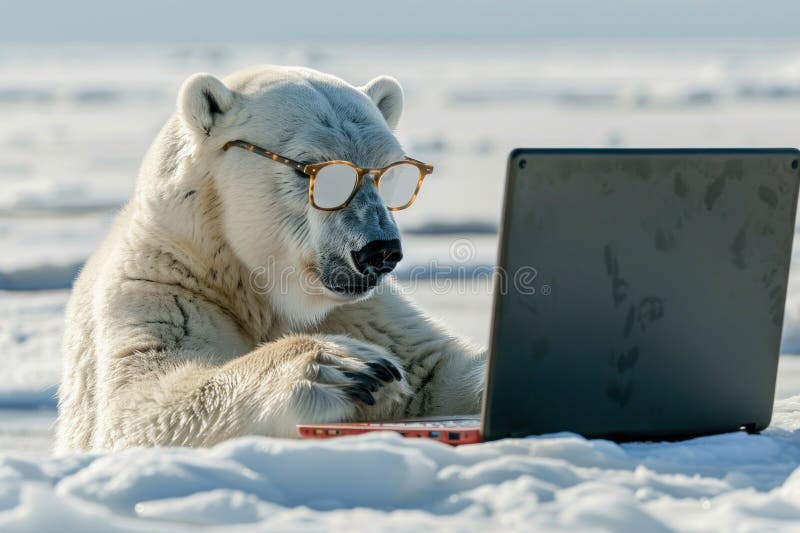A Polar Bear is Sitting on a Desk and Using a Laptop Stock Photo ...